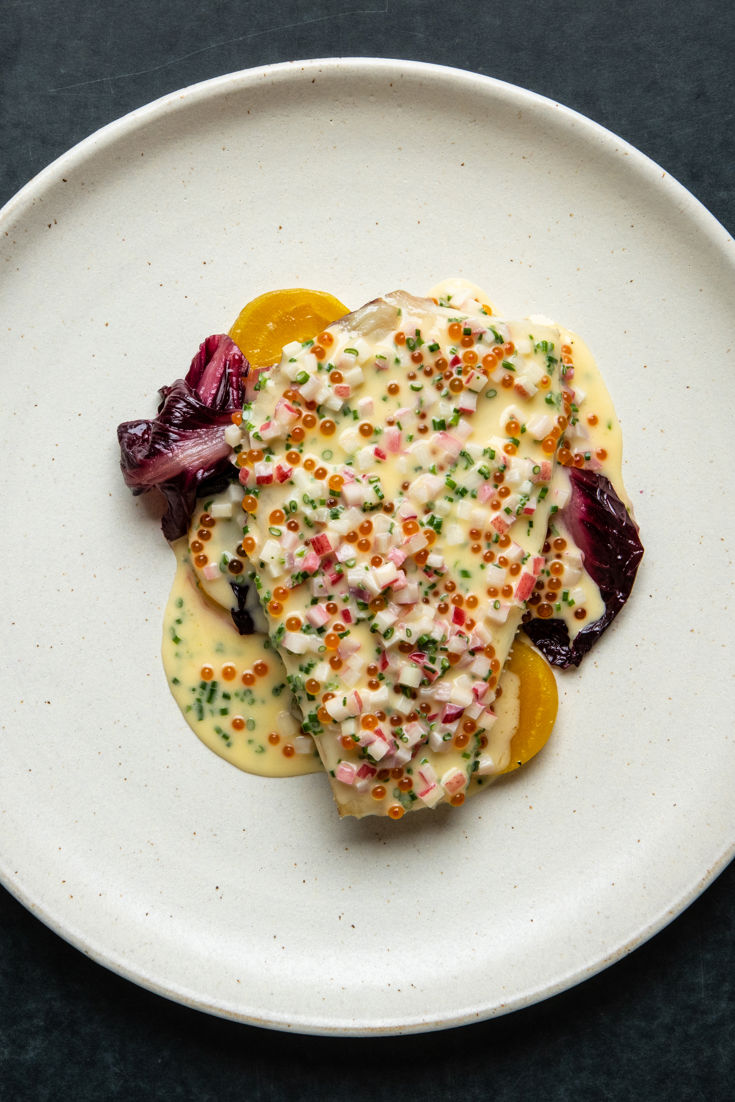 Plaice with Cider Butter Sauce and Pickled Trout Roe Recipe - Great ...