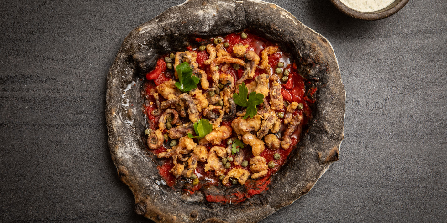 Squid Ink Pizza with Fried Octopus and Tartar Sauce Recipe - Great ...