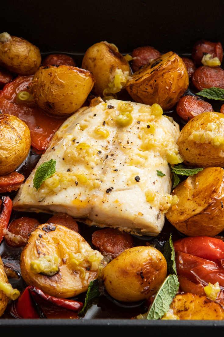 Roasted Black Cod With Chorizo, Potatoes, Peppers and a Pickled Chilli ...