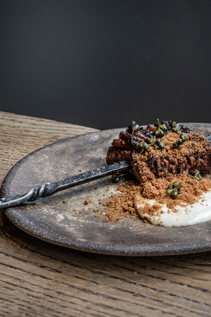Suya Ox Tongue with Smoked Bone Marrow Emulsion and Wild Garlic Capers ...