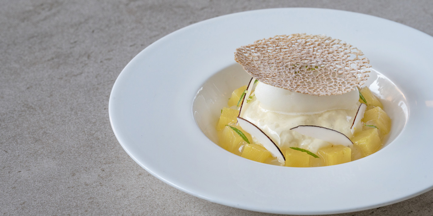 Coconut Rice Pudding, Poached Pineapple, Coconut and Lime Sorbet Recipe ...