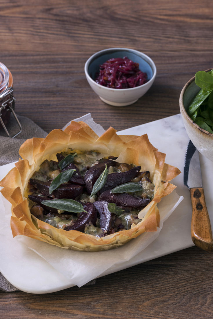 Pickled Pear and Stilton Filo Tart Recipe - Great British Chefs