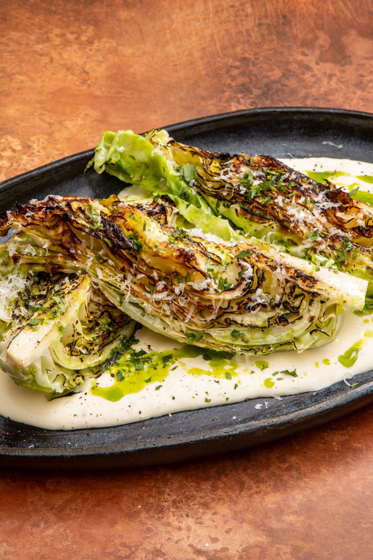 Charred Hispi Cabbage with Parmesan Cream and Herb Oil Recipe - Great British Chefs