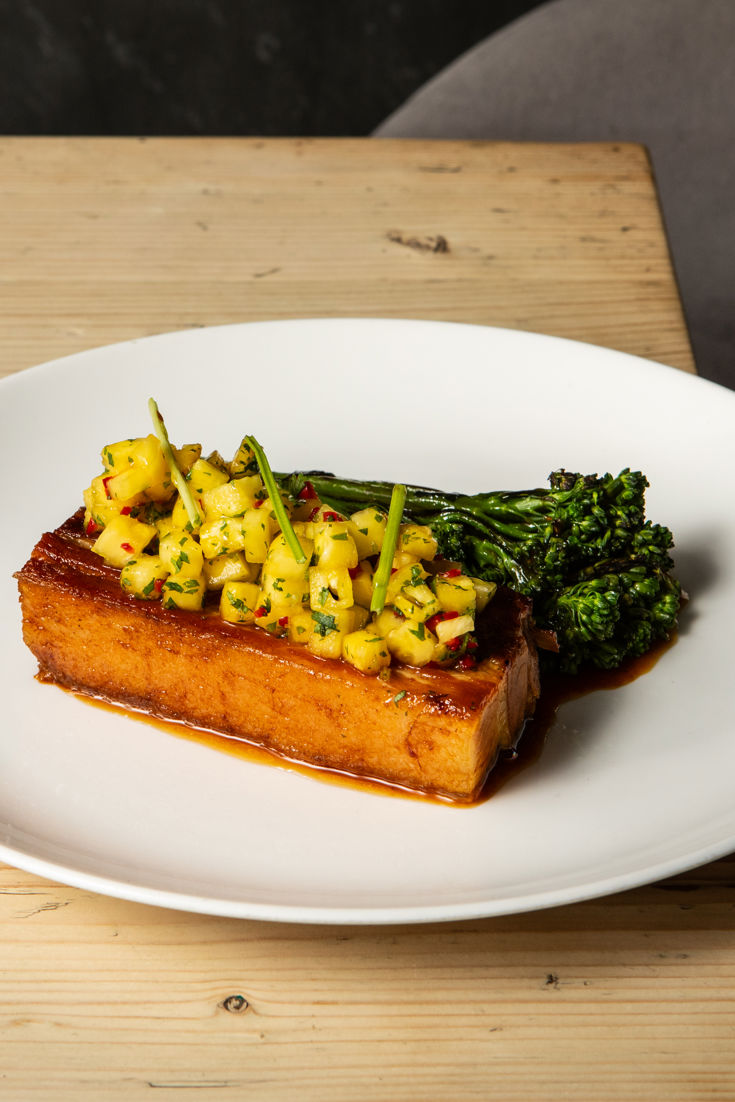 Braised Pork Belly, Chilli Pickled Pineapple and Tenderstem Broccoli ...