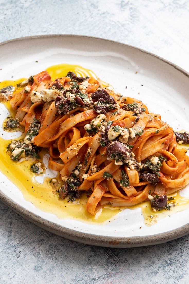 Tagliatelle, Harissa and Basil Passata, Feta and Black Olive Salsa ...