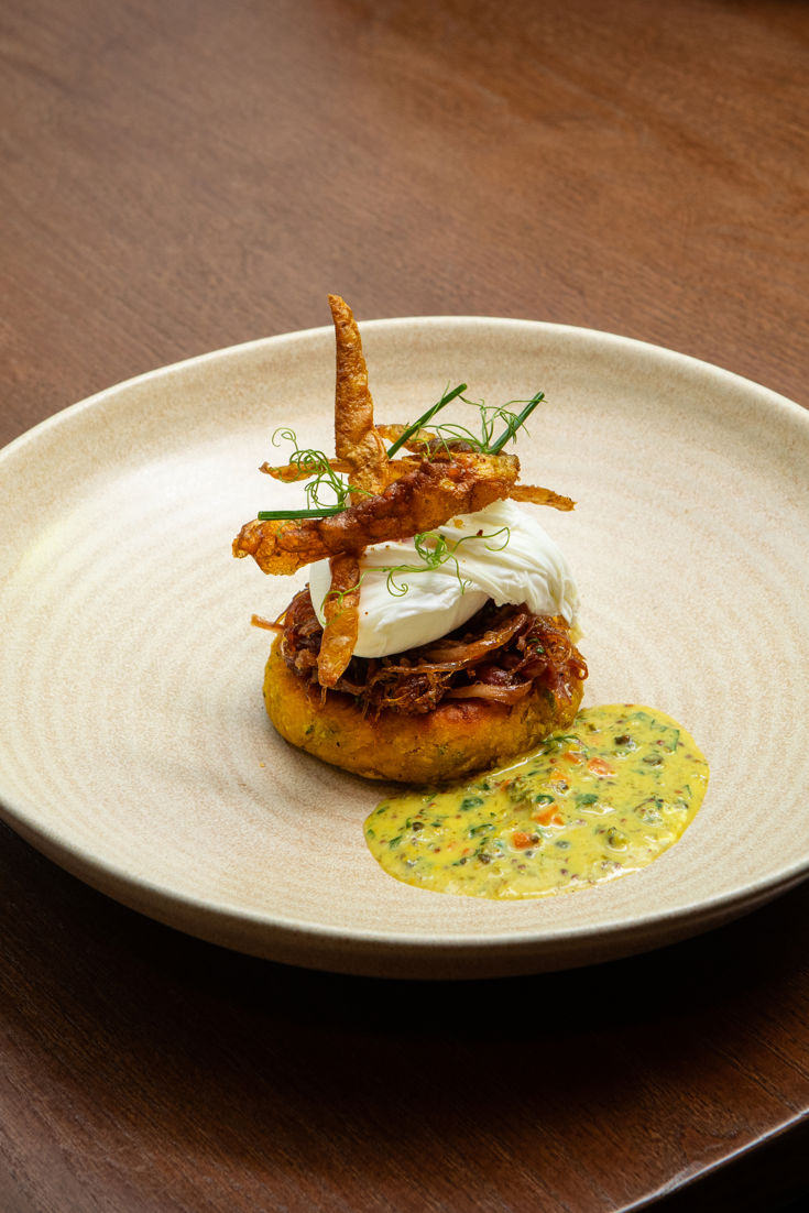 Potato Cake, Maple-Glazed Ham Hock, Crispy Potato Skins and Mustard ...