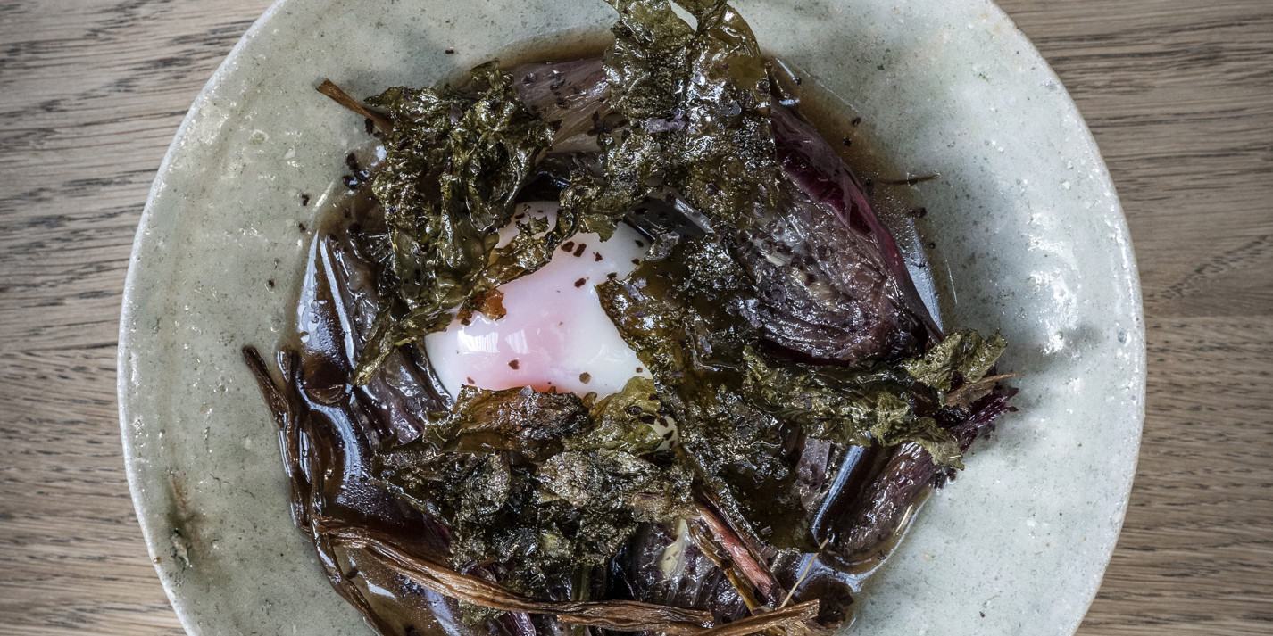 Slow-roasted Tropea Onion, Onsen Tamago with Dulse Paper Recipe - Great ...
