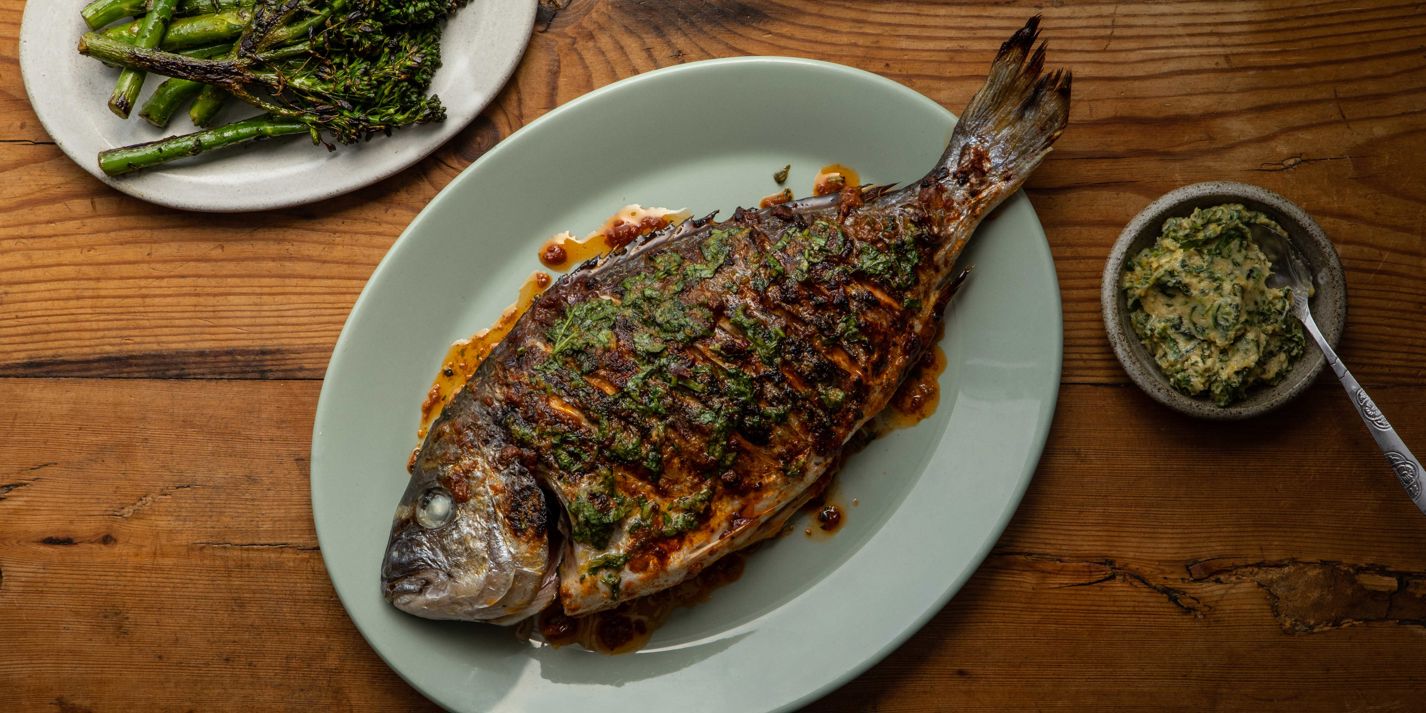 Harissa Grilled Sea Bream with Smoked Garlic Butter Recipe - Great ...