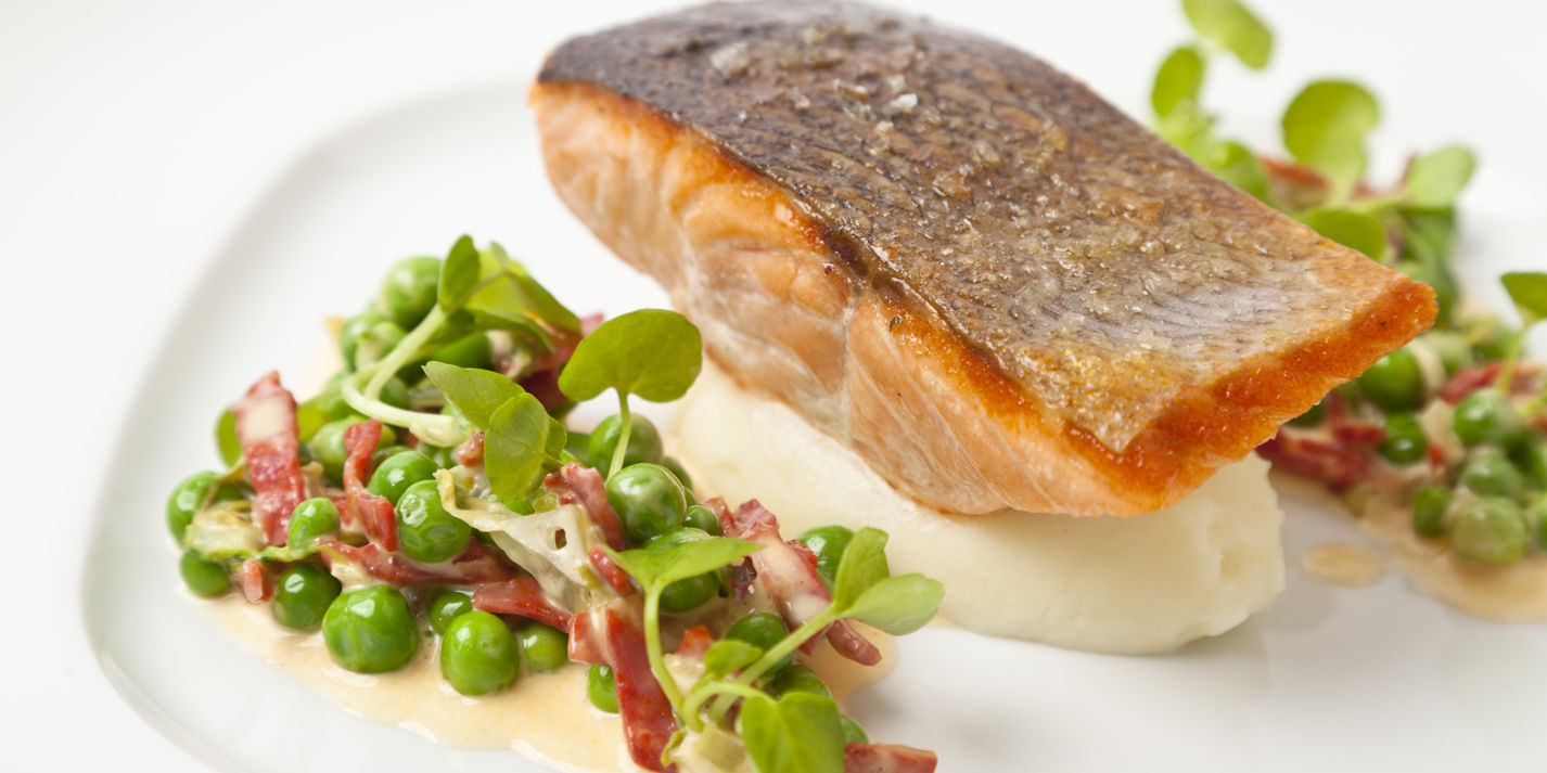 Organic salmon with English peas and chorizo