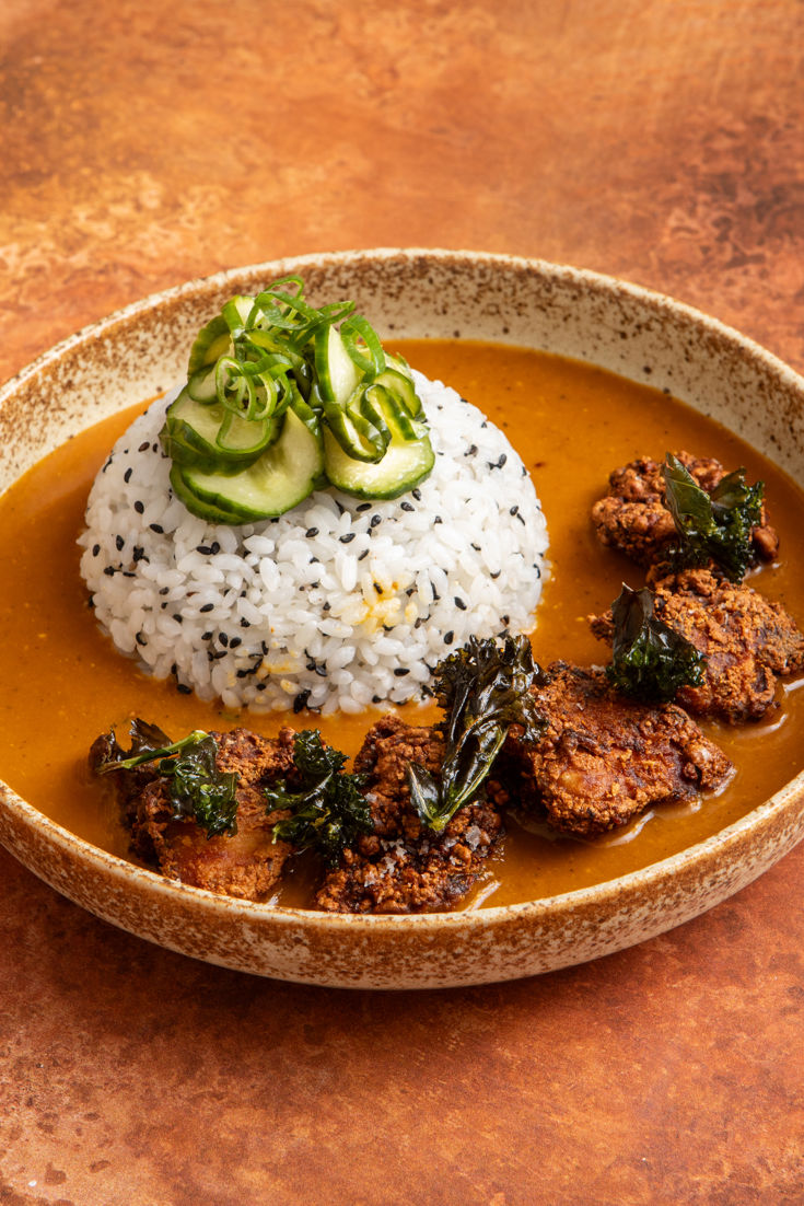 Chicken Karaage with Kale Crisps, Black Sesame Rice and Yuzu-Pickled ...