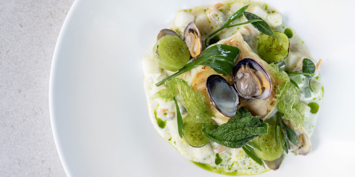 Roast Cornish Cod, Cockle Chowder, Grilled Cucumber Recipe - Great ...