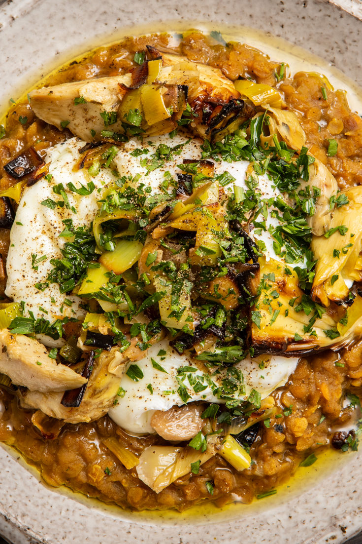 Dhal Poached Eggs with Leeks and Crispy Artichoke Heart Recipe - Great ...