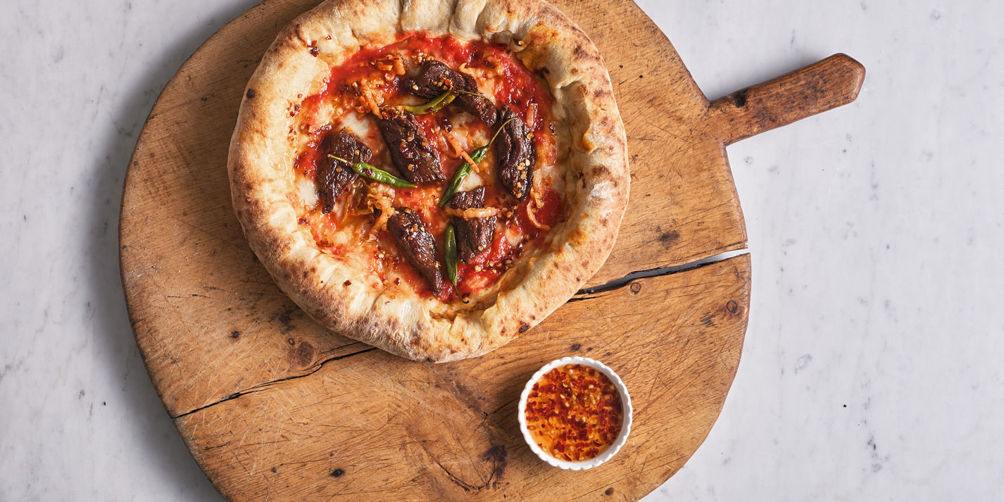 Sticky Beef and Hot-Honey Pizza with Kimchi-Mozzarella Stuffed Crust ...