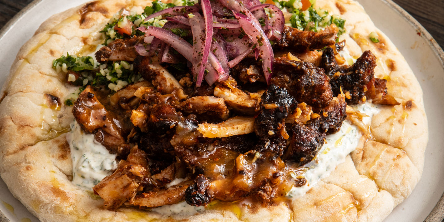 Apricot and chipotle glazed chicken shawarma with tabbouleh and sumac ...