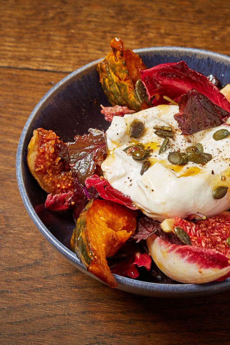 Burrata with Black Figs, Delica Pumpkin and Chicory - Great British Chefs