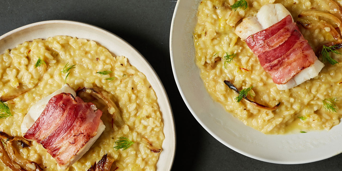 Pancetta-Wrapped Cod with Fennel Risotto Recipe - Great British Chefs
