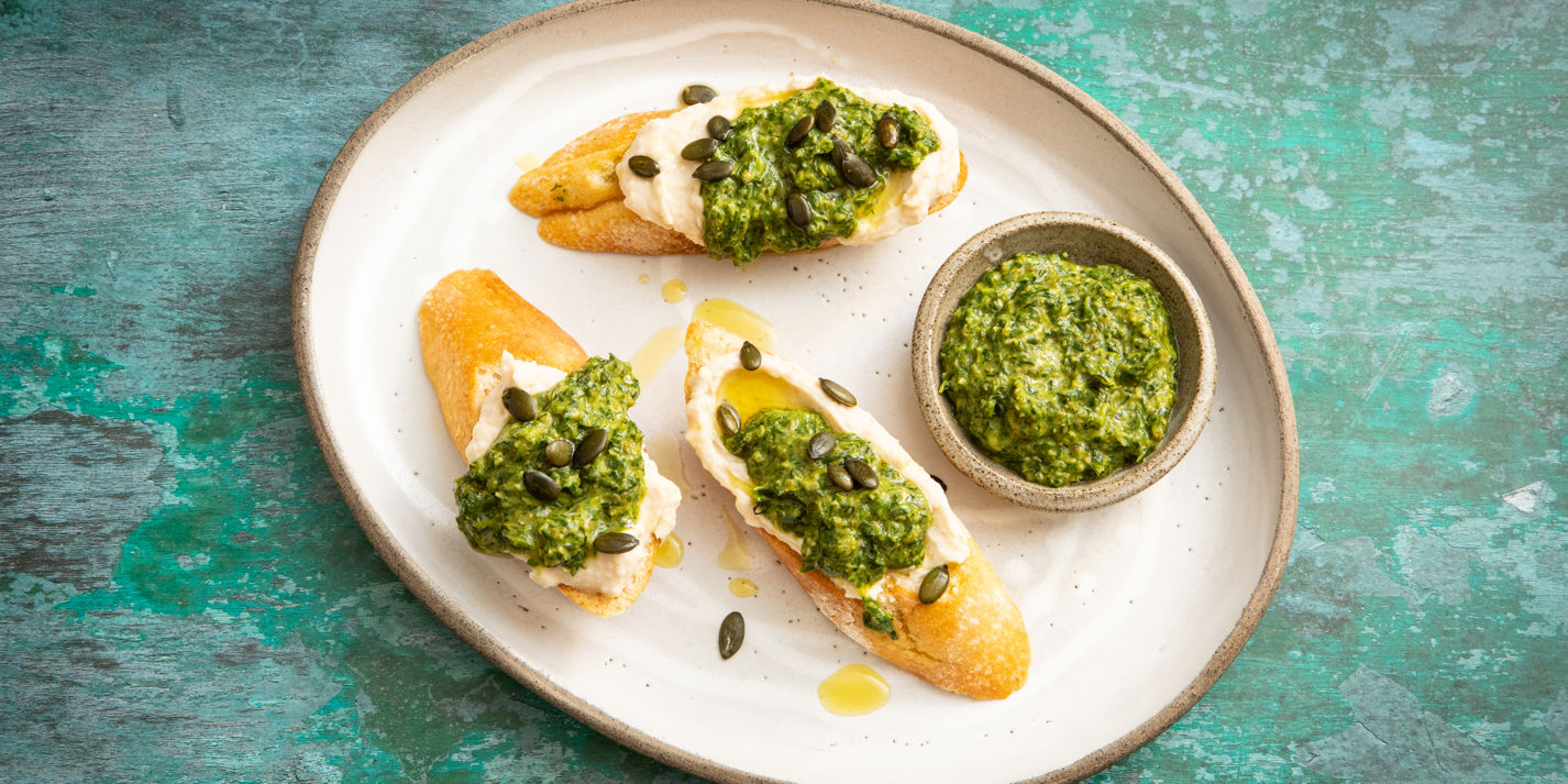White Bean Crostini with Mixed Herb Sauce and Pumpkin Seeds Recipe - Great British Chefs