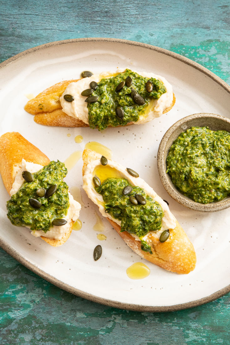 White Bean Crostini with Mixed Herb Sauce and Pumpkin Seeds Recipe - Great British Chefs