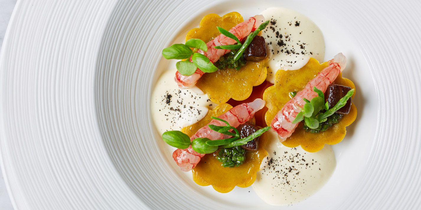 Aubergine Ravioli with Red Prawns Recipe - Great British Chefs