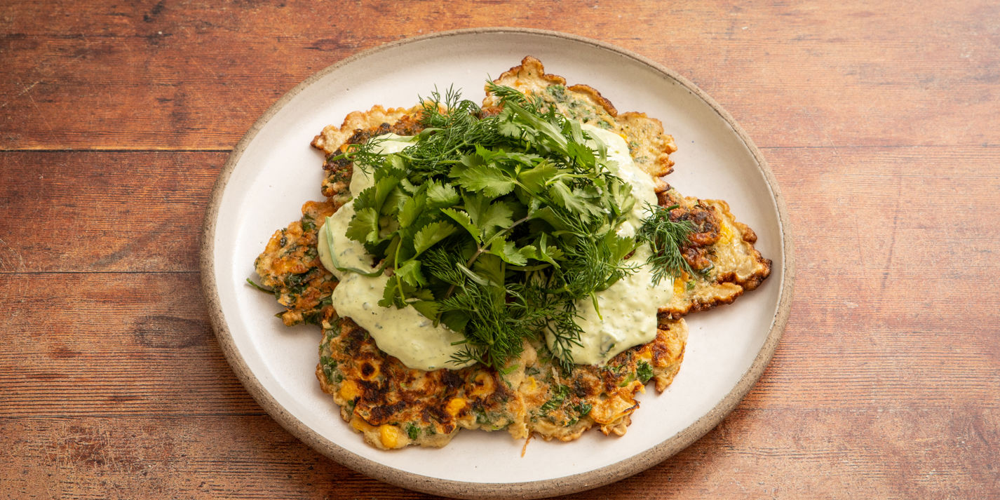 Corn and Mixed Herb Fritters with Tahini-Yoghurt Sauce Recipe - Great ...