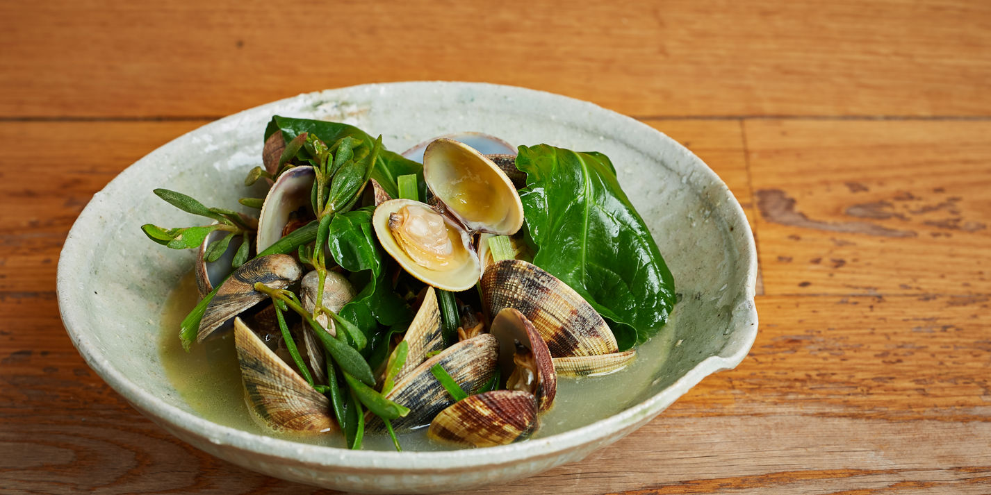 Butter and Sake-Steamed Clams with Coastal Greens Recipe - Great ...