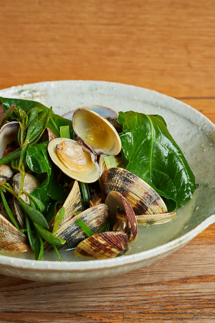 Butter and Sake-Steamed Clams with Coastal Greens Recipe - Great ...