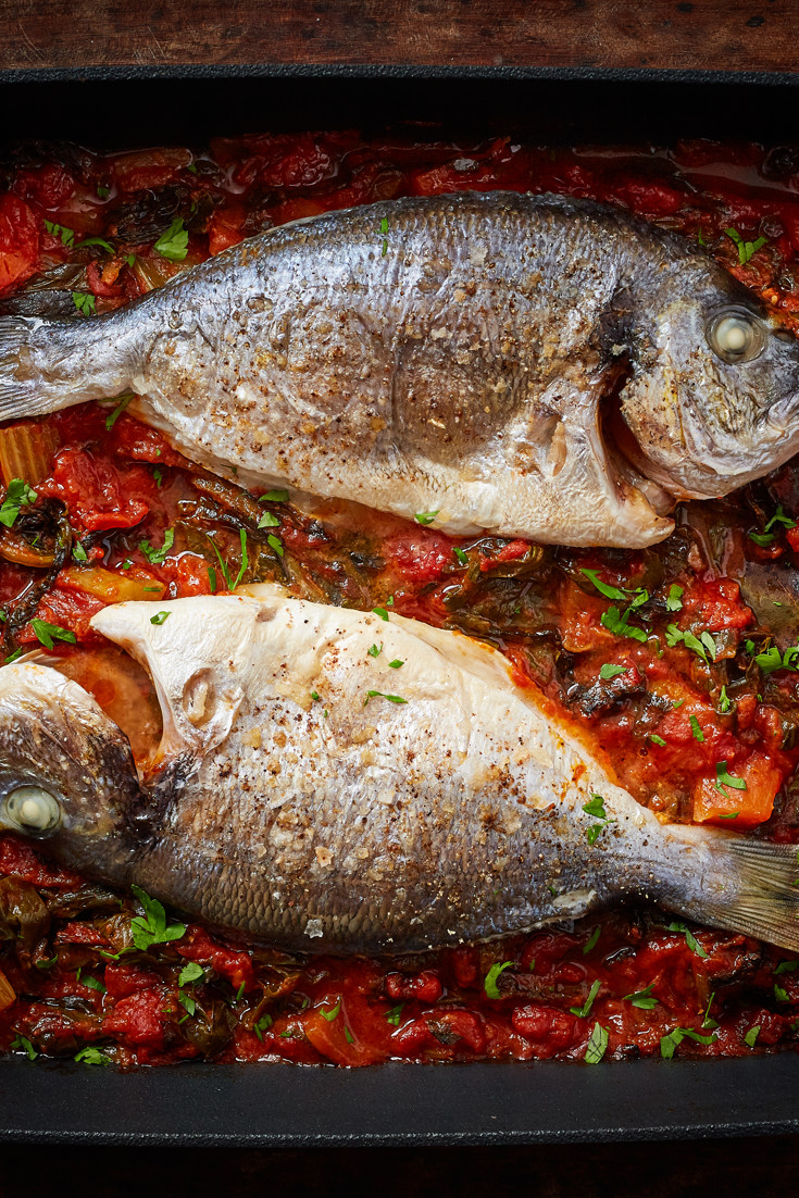Whole Baked Bream with Tomato and Chard Recipe - Great British Chefs