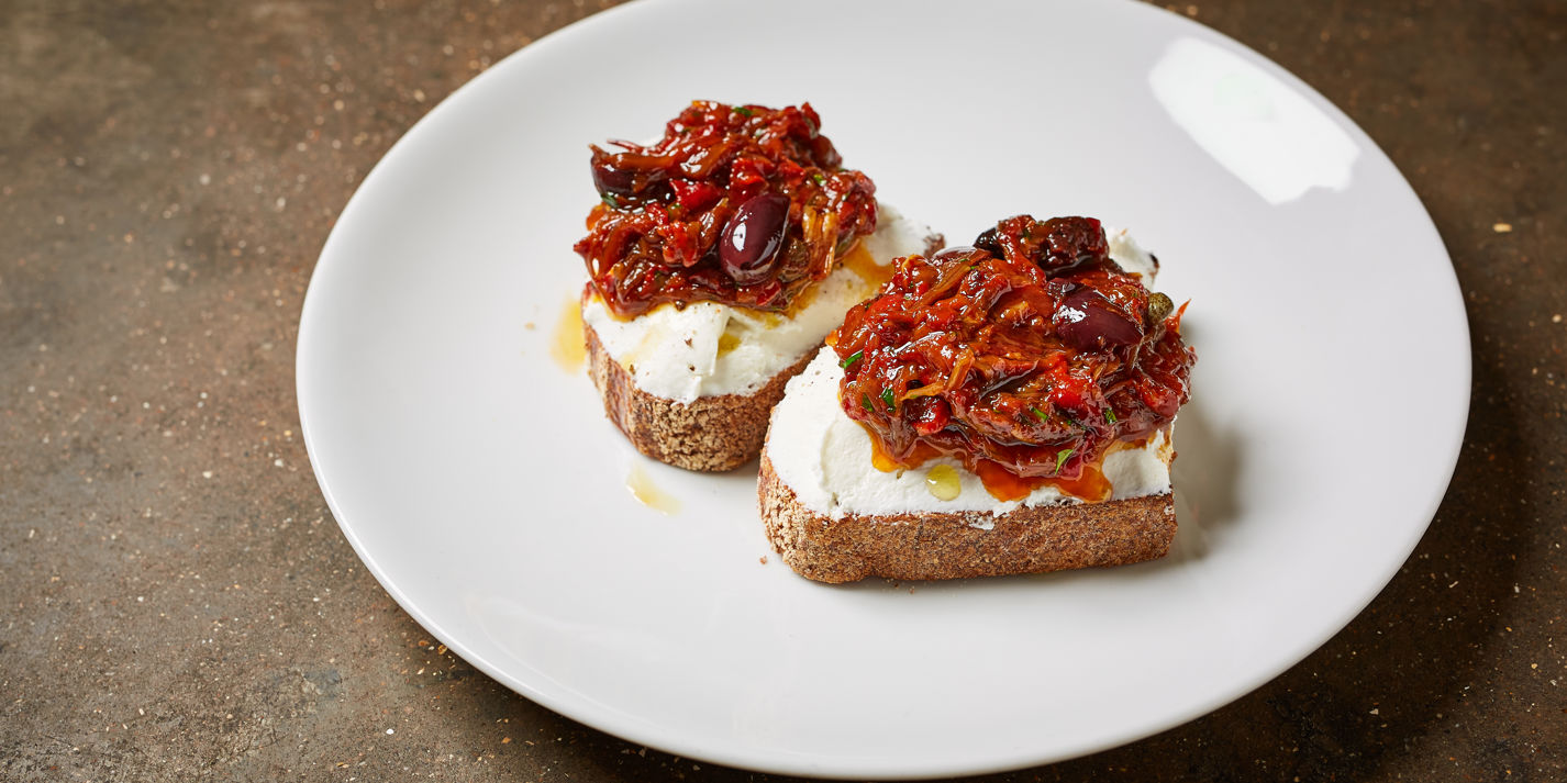 Tuscan Fettunta with Roasted Peppers and Goat’s Curd Recipe - Great ...