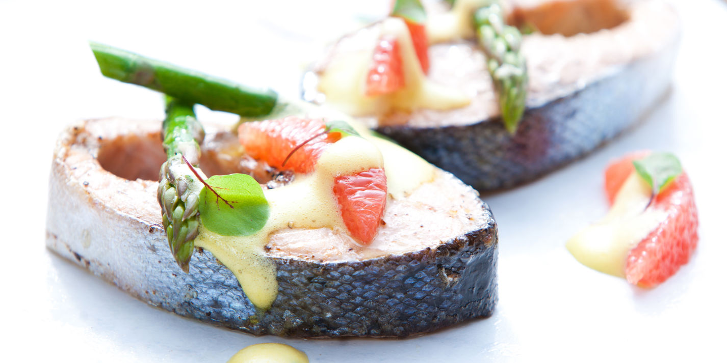 Sea Trout, Asparagus & Pink Grapefruit Sabayon - Great British Chefs