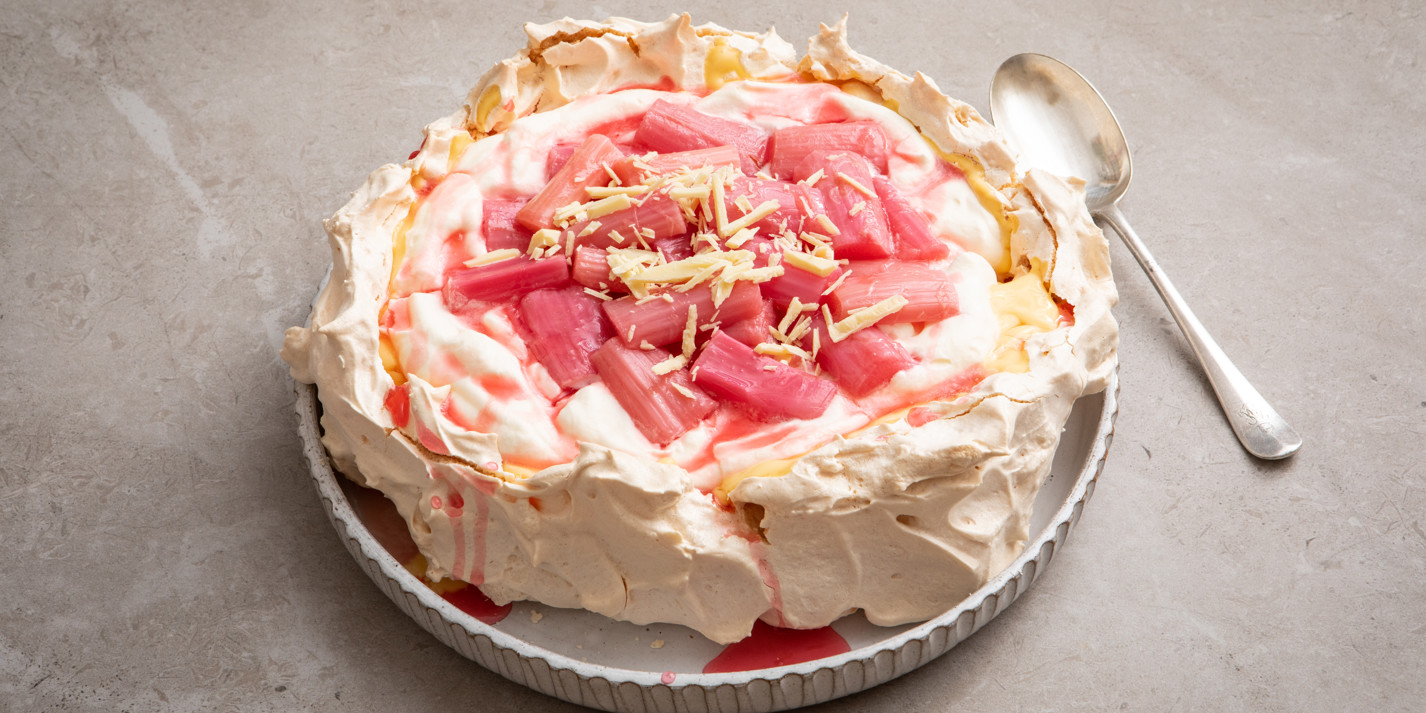 Rhubarb, Custard and White Chocolate Pavlova Recipe - Great British Chefs