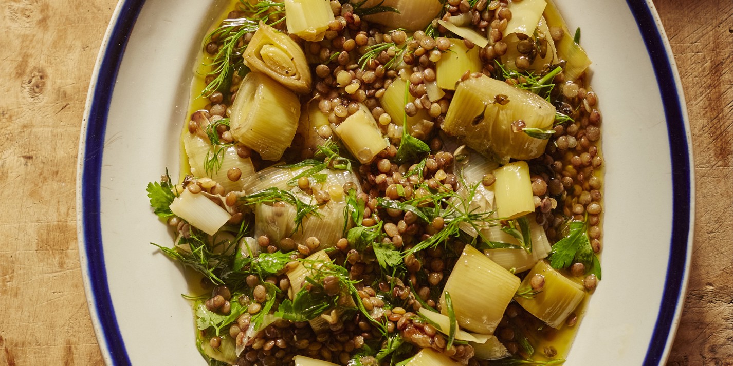 Confit Leeks with Puy Lentils and Leek Cream Recipe - Great British Chefs