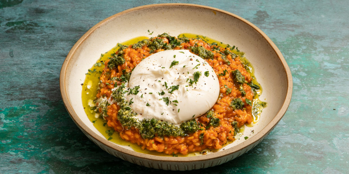 Tomato Risotto with Sage and Walnut Pesto, Fennel Seeds and Burrata ...