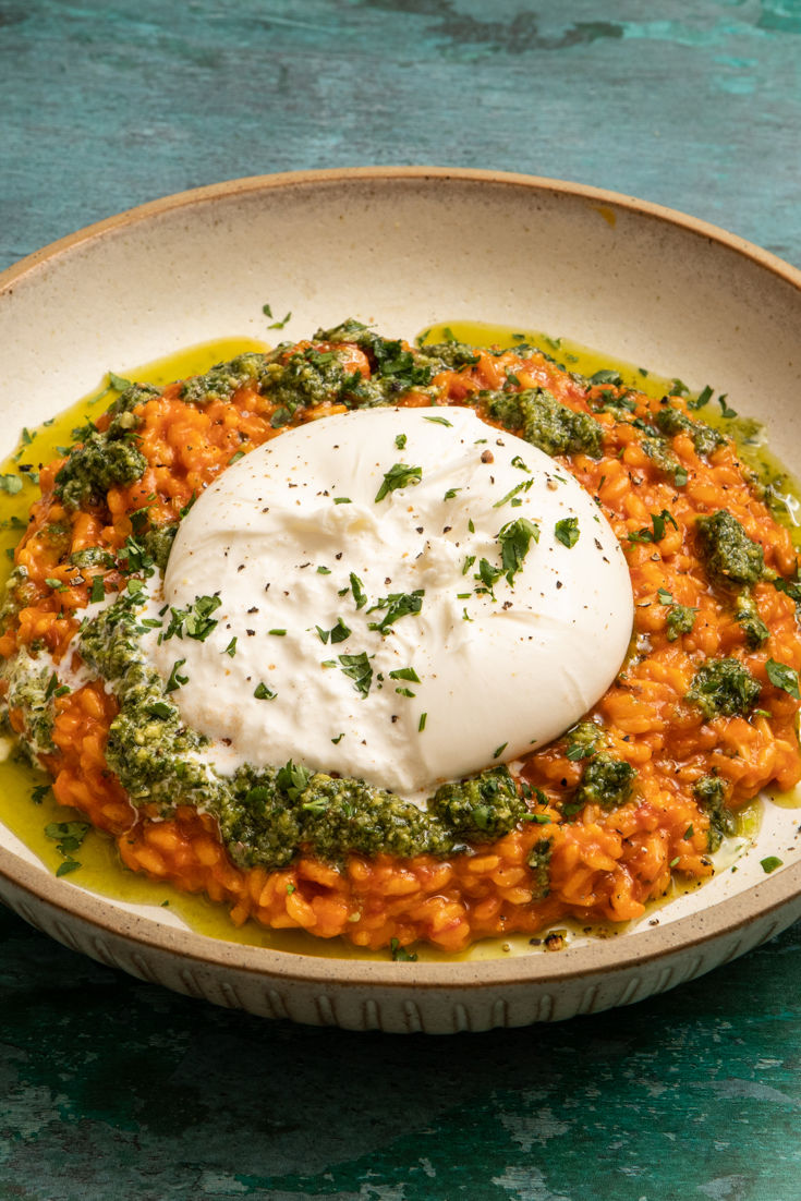 Tomato Risotto with Sage and Walnut Pesto, Fennel Seeds and Burrata ...