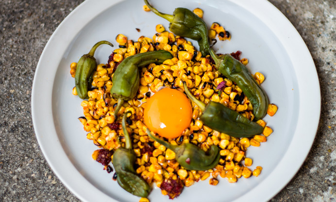 Corn and 'Nduja with Pickled Padrón peppers - Great British Chefs