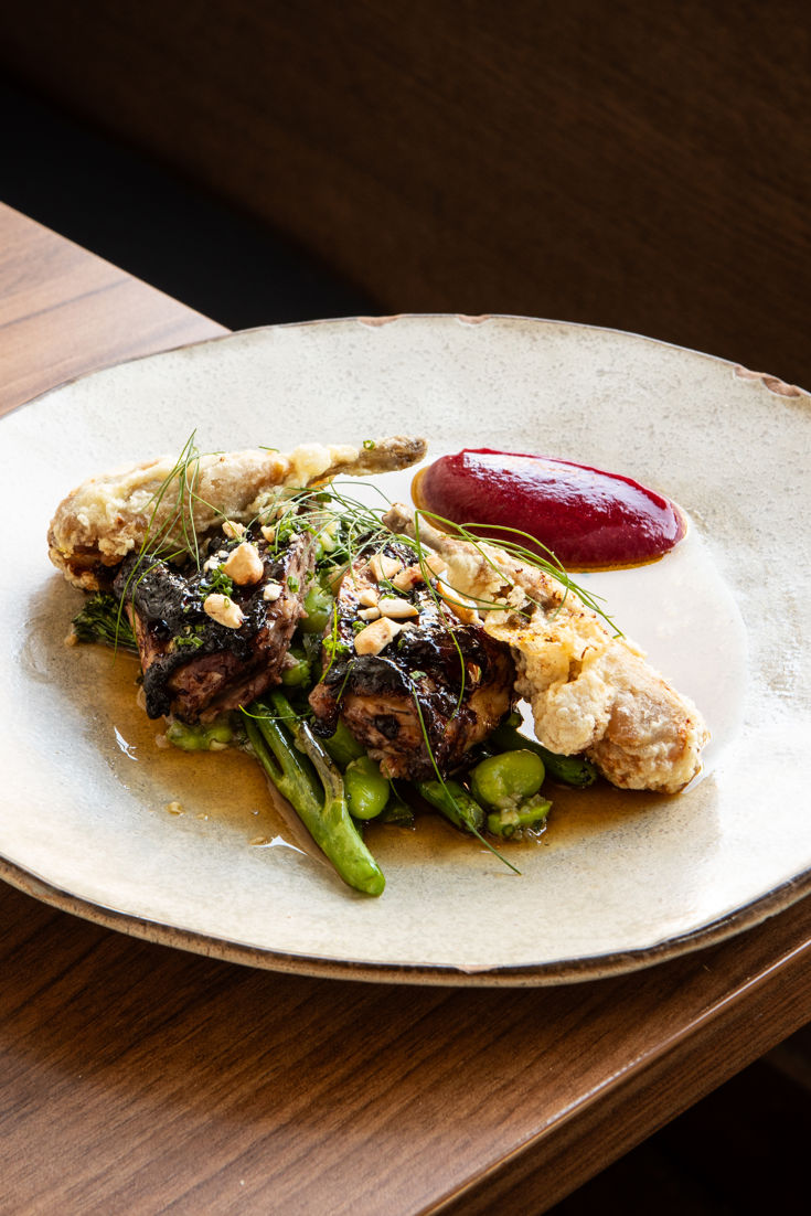 Quail Glazed with Blackberry Tare, Crispy Stuffed Legs, Redgage Ketchup ...